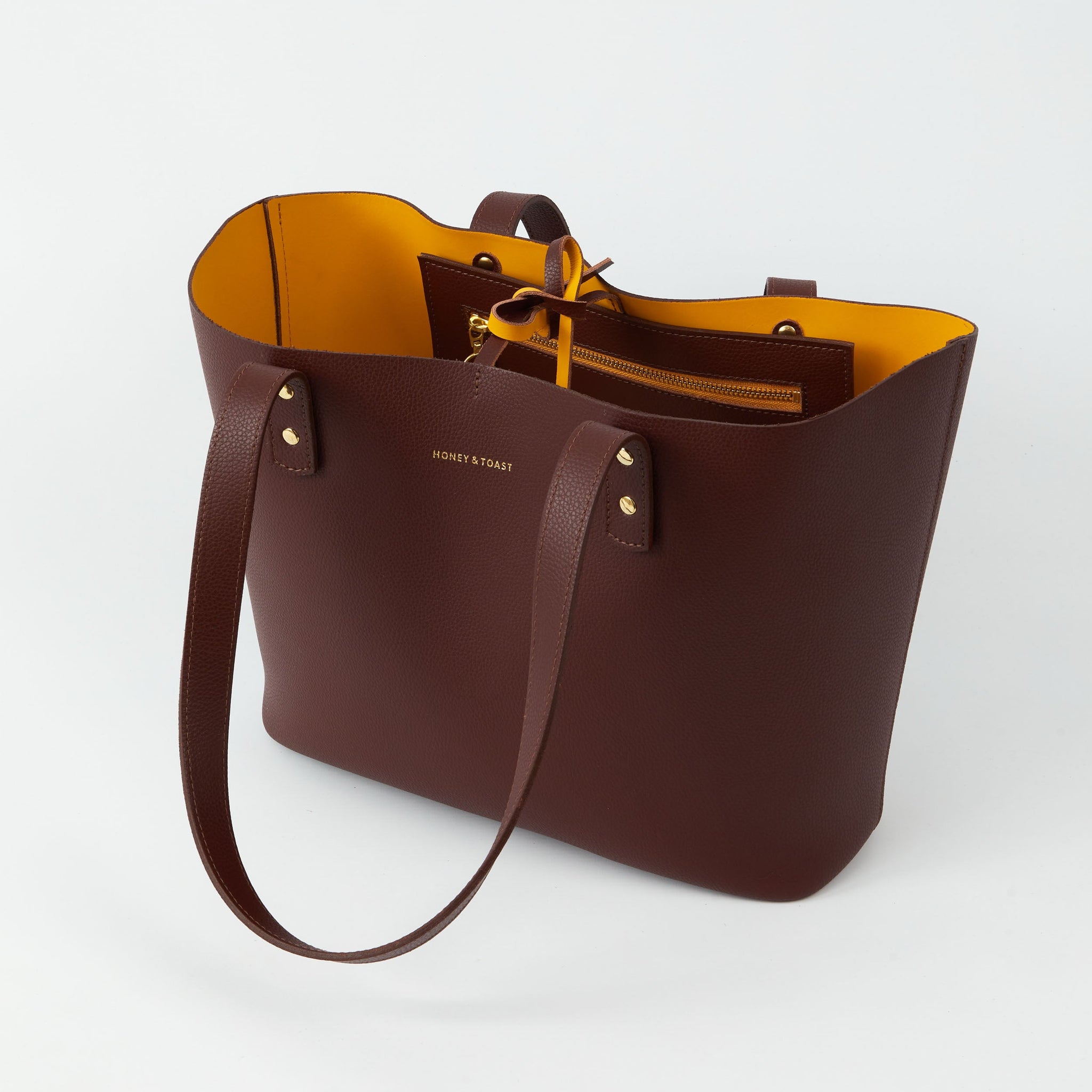 Russet tote bag conker and yellow